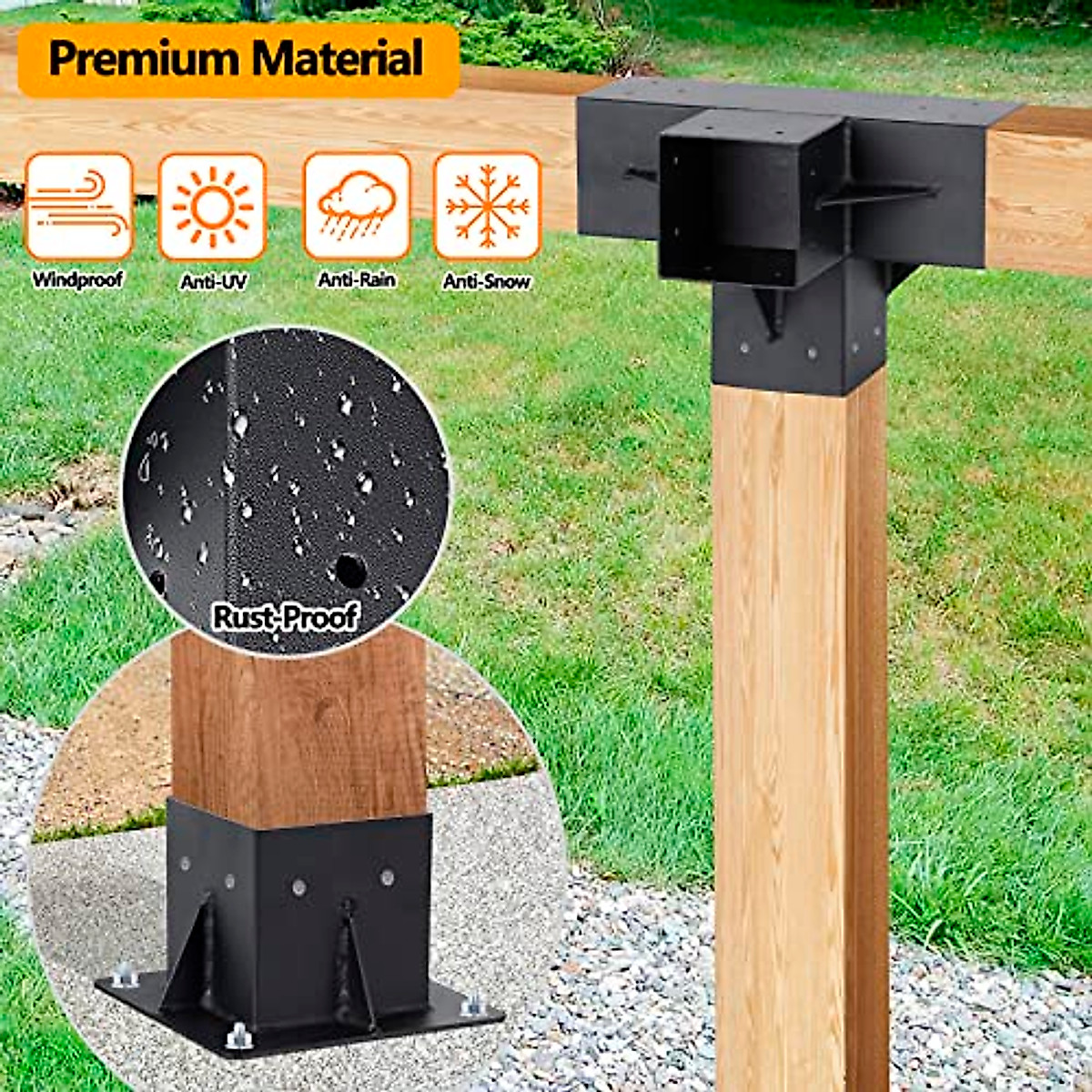 Neorexon Pergola Kit Elevated Wood Stand Kit Woodwork for 4"x 4" (Actual 3.6 X 3.6 inch), Solid Stainless Steel 304 Wooden Gazebo Kit for Outdoor 4 Way Right Angle Corner Bracket and Base Brackets