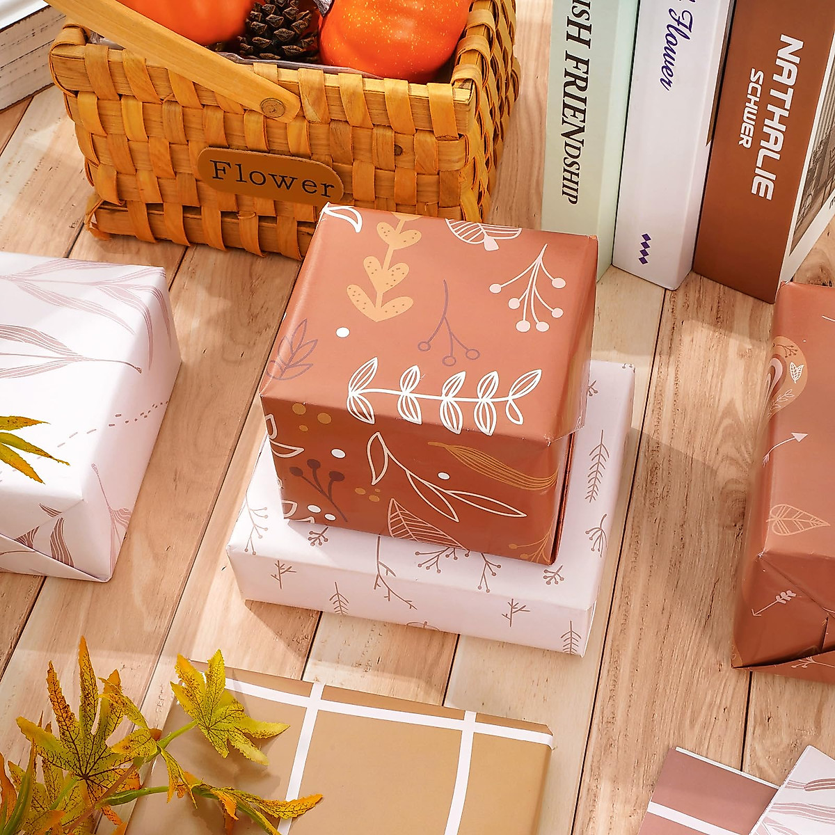 Whaline 12 Sheet Boho Fall Wrapping Paper 6 Style Maple leaf Stripes Pattern Packaging Paper Folded Flat DIY Art Craft Paper for Autumn Holiday Birthday Wedding Baby Shower, 19.7 x 27.6 Inch