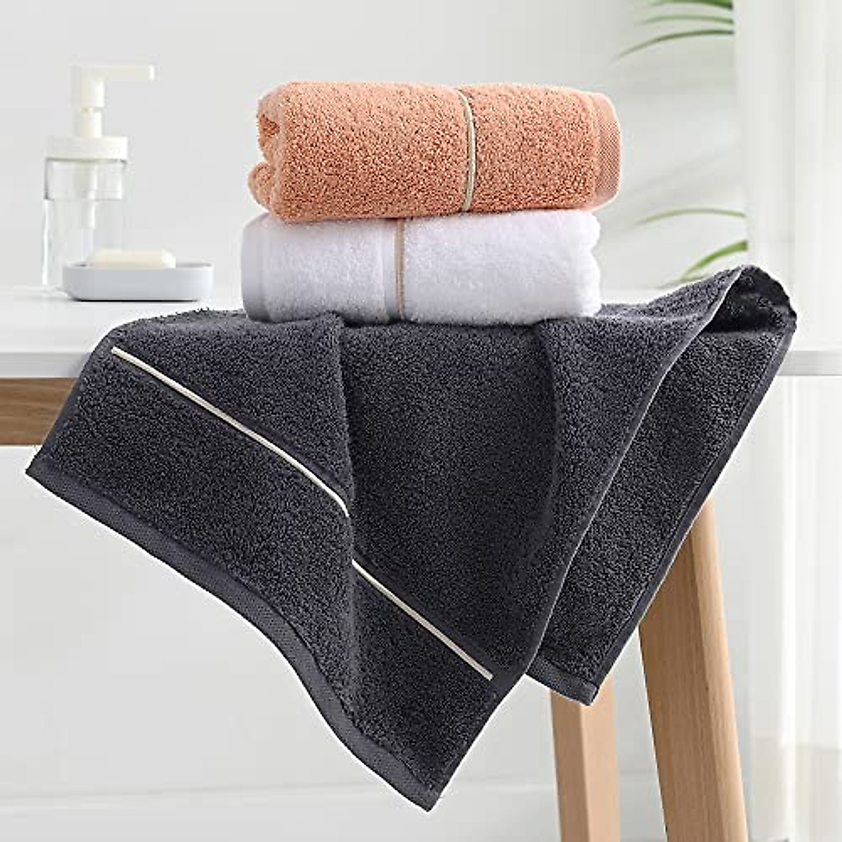 YiLUOMO Hand Towel Set of 2 Soft 100% Cotton Towels Gold Line Embroidered Design Absorbent Terry Bath Hand Towels for Bathroom Decorative Hotel, Gym, Pool 13x 29 Inch (Coral)