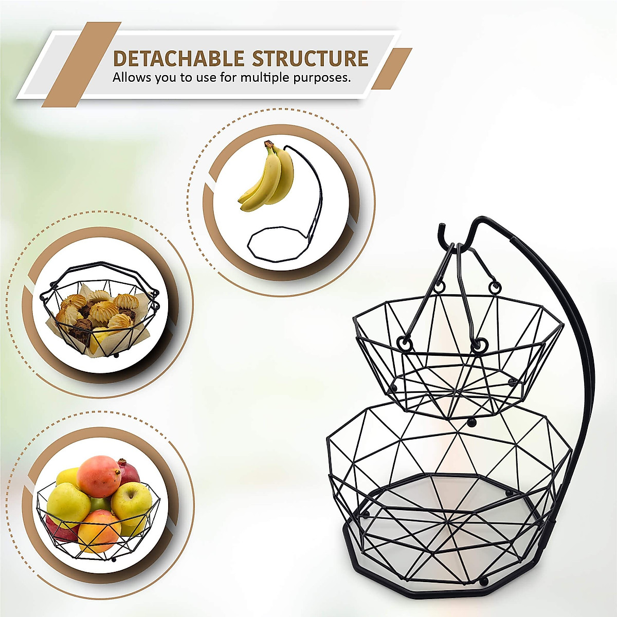 Simplil 2 Tier Vegetable and Fruit Basket With Banana Hanger, Countertop Detachable Bowls, Black
