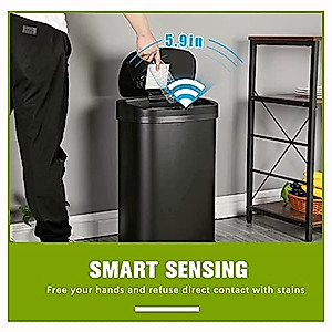 HHS Stainless Steel Kitchen Trash Can Bathroom Bedroom Office Waste Bin with Lid Automatic Sensor Touch Free Garbage Can 13 Gallon 50L, (Black), 11.37 x 16.1 x 25.31 inches (1350R)