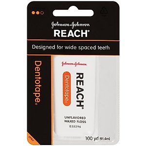 Reach Dentotape Waxed Dental Floss with Extra Wide Cleaning Surface for Large Spaces between Teeth, Unflavored, 100 Yards (Pack of 3)