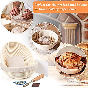 T & T HOME Handmade Banneton Bread Proofing Basket Set, 2 Round 10 Inch Baskets with Linen Liner, Dough Scraper, Bread Lame, Measuring Cup and Spoon, Sourdough Baking Starter Kit