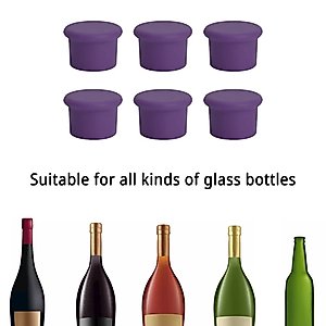 H H&J HUAJIAN Reusable Silicone Wine Bottle Stopper for Easy Removal and Secure Attachment, Set of 6 In Multiple Colours (Purple)