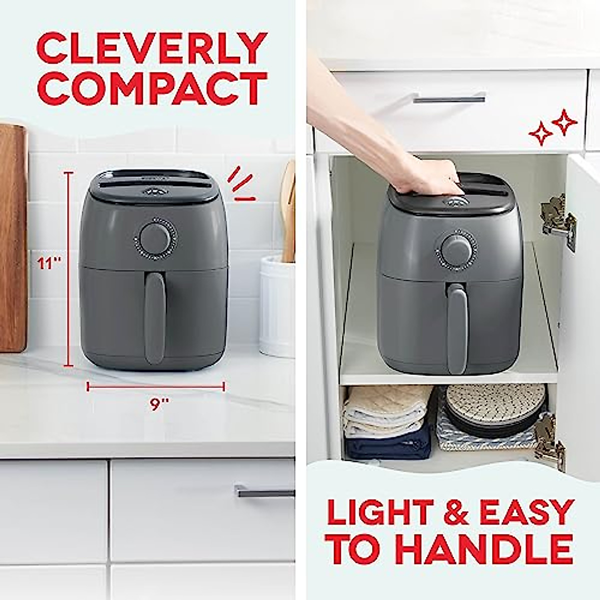 DASH Tasti-Crisp™ Electric Air Fryer Oven, 2.6 Qt., Grey – Compact Air Fryer for Healthier Food in Minutes, Ideal for Small Spaces - Auto Shut Off, Analog, 1000-Watt