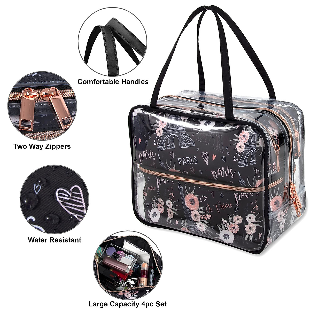 Emma & Chloe 4 Piece Toiletry Bag Set, Waterproof Home, Travel Cosmetic Train Case Makeup Bags for Women with Handle, Zipper – 4 Makeup Bags Set (Paris Je T'aime)