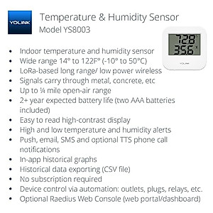 YoLink Smart Wireless Temperature & Humidity Sensor, Wide Temp Range for Freezer, Fridge, Green House, Pet Cage, App Alerts, Emails, Text/SMS alerts- Hub Required