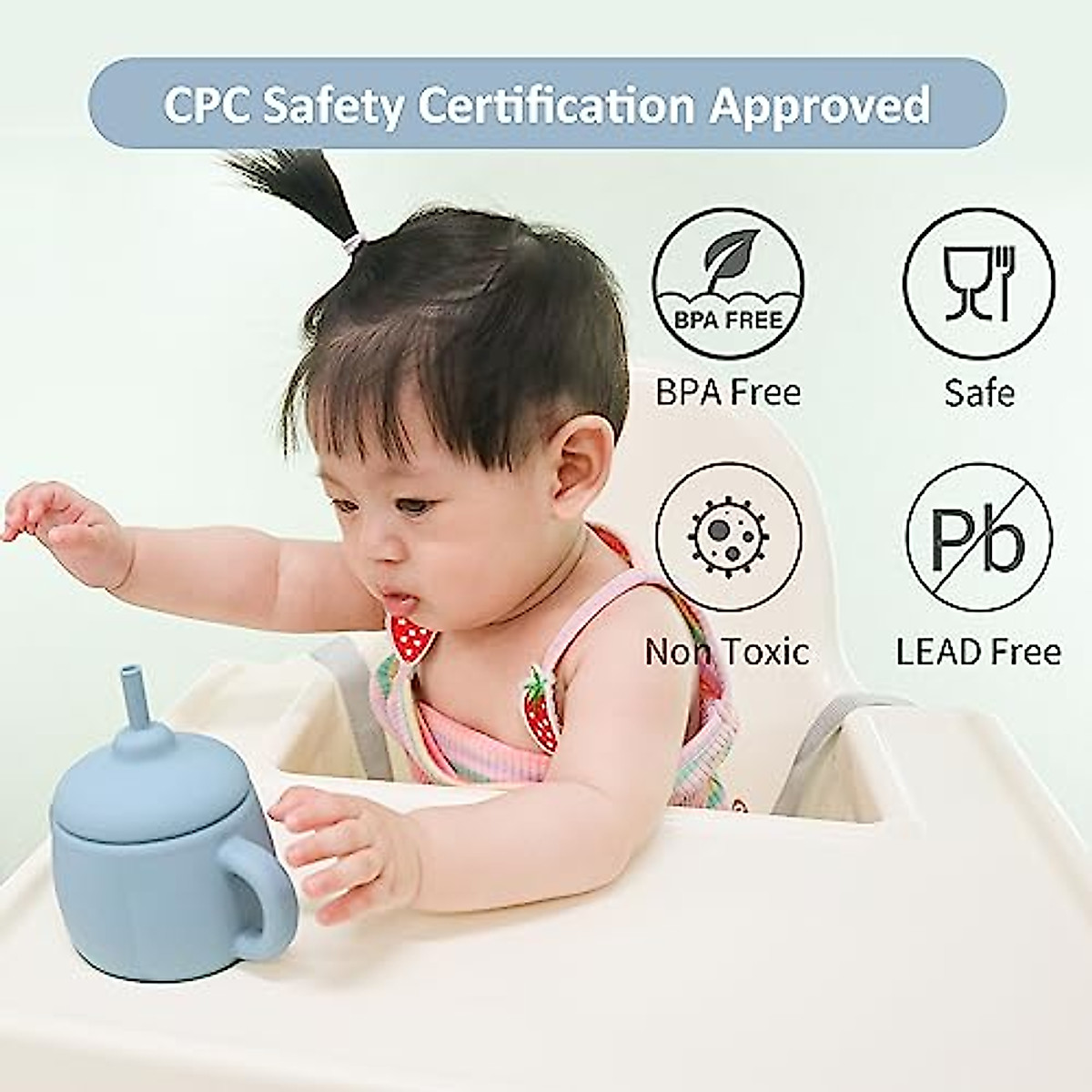 Santi & Me 2-1 Silicone Straw Cup for Baby, Spill-proof Sippy Cup for Babies 6-12-18 Month, Open Training Water Cups with Easy-Hold Handle, Baby Led Weaning Cups - BPA Free - 8.8oz (Dusty blue)