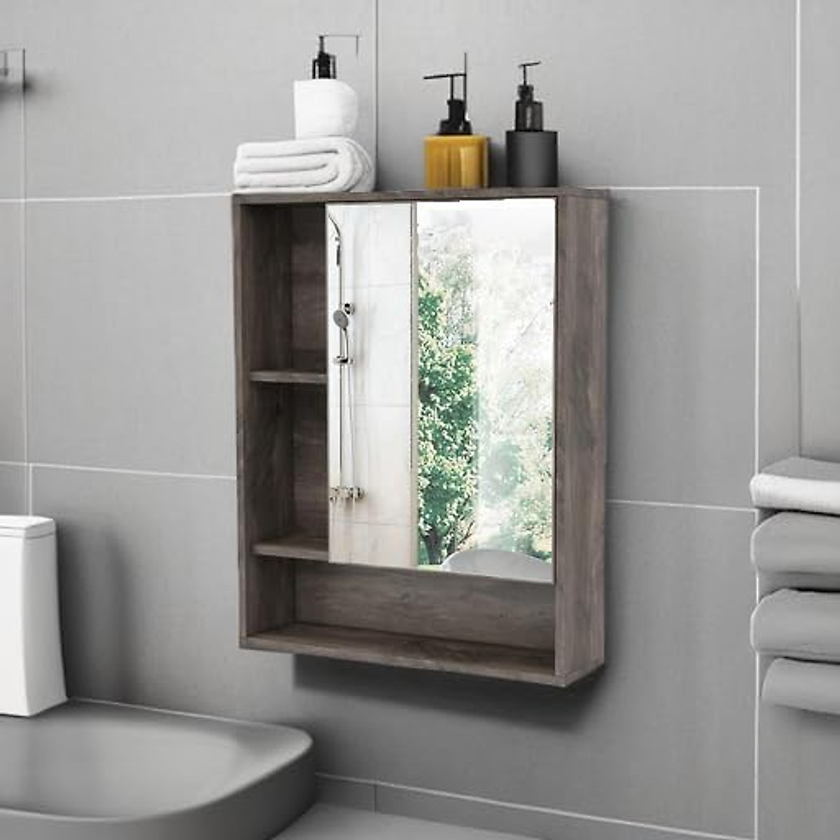 ChooChoo Bathroom Wall Mirror Cabinet, Medicine Cabinet with Single Door and Adjustable Shelf, Over The Toilet Space Saver Storage Cabinet, Grey