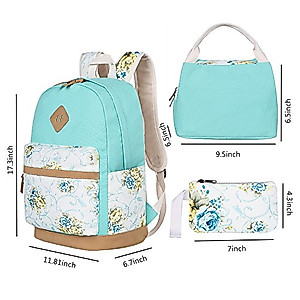Bluboon Canvas School Backpack Set 3 Pieces Lightweight Teen Girls Bookbags Insulated Lunch Bag Pencil Case (Water Green-flower)