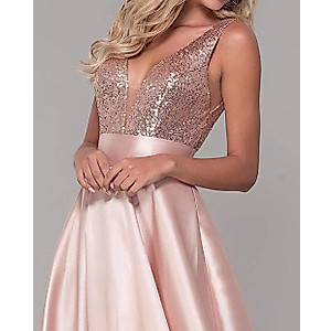 V Neck Prom Dress Sequins Satin Long 2025 New Formal Evening Dresses Ball Gowns for Women with Pockets Rose Gold