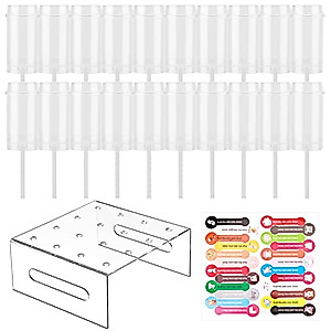 HOUSEEN 20 Pack Push Pops Containers and 16 Holes Acrylic Cake Pop Display Stand, Plastic Cake Push-up Pop with Lids, Base & Sticks, for Weddings Baby Showers Birthday Christmas Party