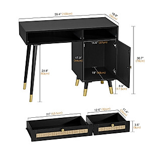 Anmytek Rattan Vanity Desk with Drawers and Storage, Black Makeup Vanity Table Modern Home Office Desk Computer Desk for Study D0005
