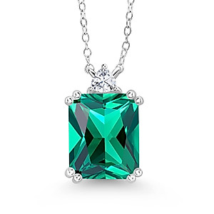 Gem Stone King 925 Sterling Silver Gemstone Birthstone and White Moissanite Pendant Necklace For Women | Emerald Cut 12X10MM | Trillion 3.5MM | with 18 Inch Chain