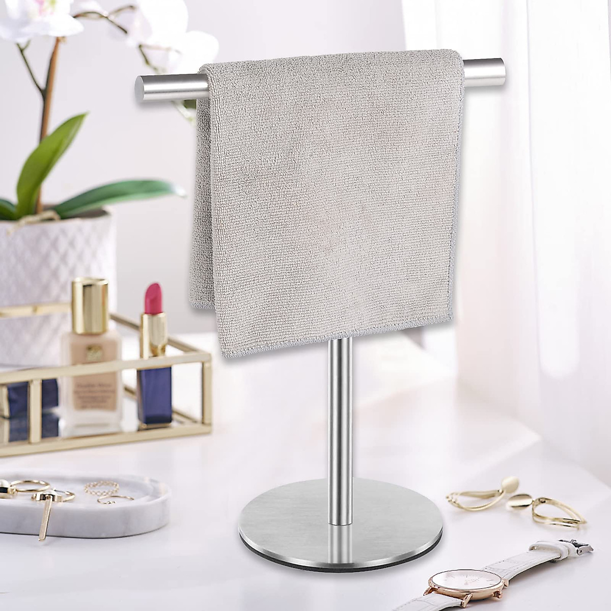 T-Shape Hand Towel Holder - Standing Hand Towel Rack for Bathroom or Kitchen Countertops, with SUS304 Stainless Steel Brushed Finish, Minimalist Style