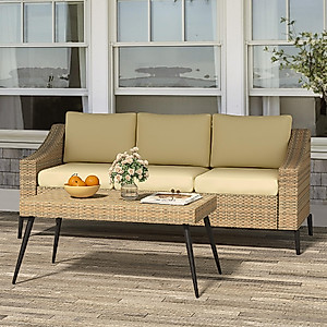 YITAHOME 2 Piece Patio Furniture Set, 3 Seater Wicker Outdoor Sofa with Thick Cushions & Rattan Table, Patio Conversation Sectional Sofa Set for Deck, Porch, Balcony - Khaki
