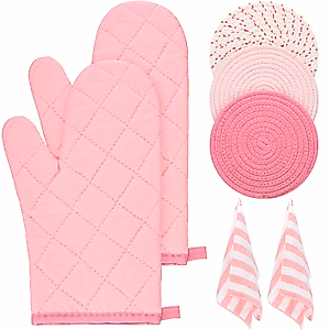 Zubebe Oven Mitts and Pot Holders with Kitchen Towels Set of 7, Valentine's Day Gift for Women Heat Resistant Oven Gloves Hot Pads Kitchen Hand Towels for Cooking Baking(Pink)