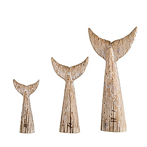 glitzhome Farmhouse Tabletop Decor Set of 3 Coastal Weathered Wood Whale Tail Statue Nautical Table Decor Rustic Distressed Wood Whale Tail Sculpture Table Centerpiece Home Decor