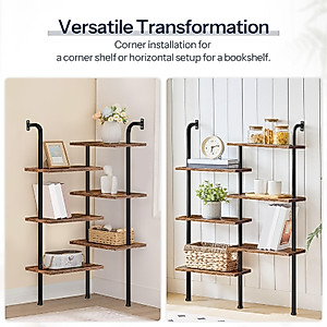 HOOBRO L-Shaped Ladder Shelf, 6-Tier Corner Bookshelf, Corner Wall Mount Bookcase, Display Shelf for Small Spaces, Anti-Tip Design, for Living Room, Balcony, Study, Rustic Brown and Black BF76CJ01