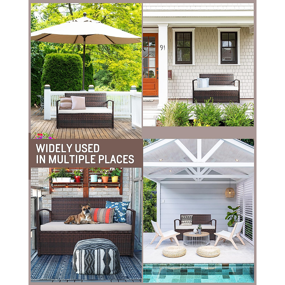 OYODHPDU 60 Gallon Outdoor Storage Bench- All Weather PE Rattan Deck Box- Deck Box w/Thick Seat Cushion- Patio Sofa Storage Bench with Cushion for Porch, Yard, Lawn, Garden (Brown)