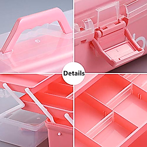 Kinsorcai 12'' Three-Layer Clear Plastic Storage Box/Tool Box, Multipurpose Organizer and Portable Handled Storage Case for Art Craft and Cosmetic (Pink)