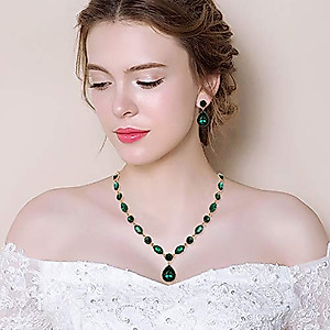EleQueen Women's Wedding Bridal Jewelry Set for Brides Bridesmaids, Crystal Teardrop Necklace Dangle Earrings Jewellery for Party Prom Emerald Color