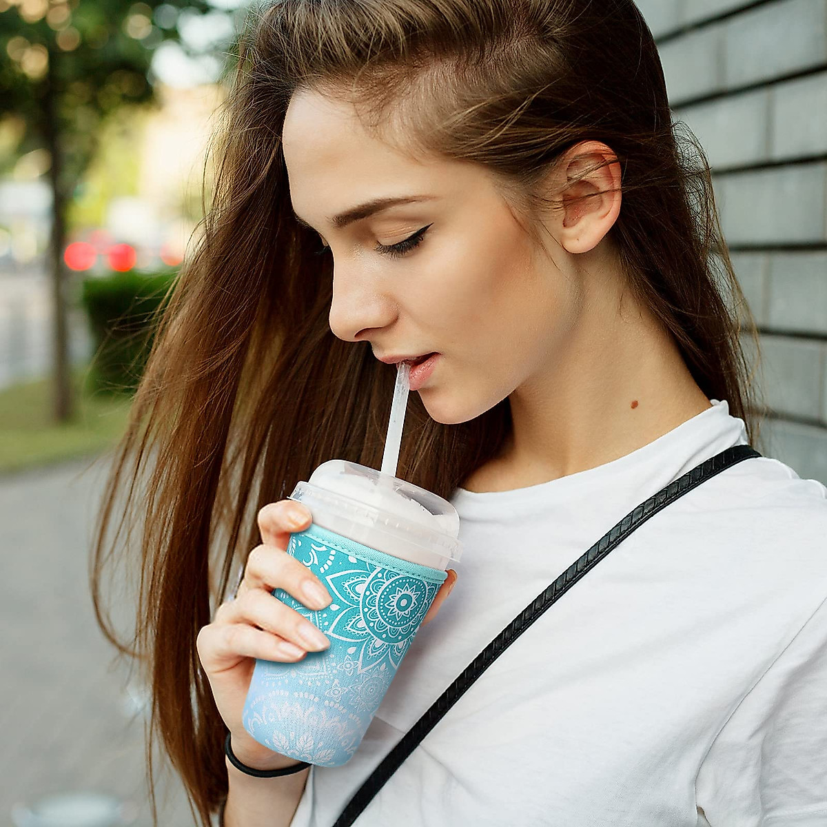 4 Pieces Reusable Coffee Sleeve Cup Insulator for Cold Drinks Beverages and Neoprene Holder for Most Coffee (22-24 oz Medium,Datura Style)