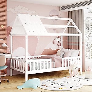 Merax Cute Wood House Bed Frame with Full-Gardrail Low Platform Bed for Kids Boys Girls No Box Spring Needed Twin White
