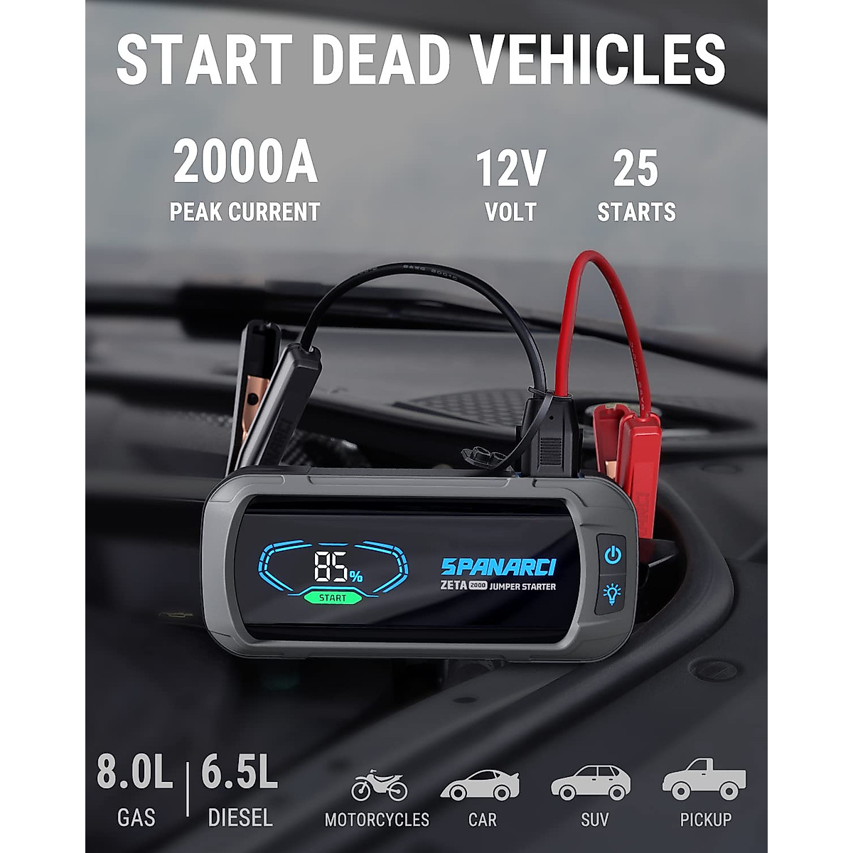 Spanarci ZETA2000 Battery Jump Starter, 2000A Portable Jump Box for Car Battery, 12V Battery Booster for Up to 8.0L Gas and 6.5L Diesel Engines, Lithium Jump Starter with LCD Display (Blue)