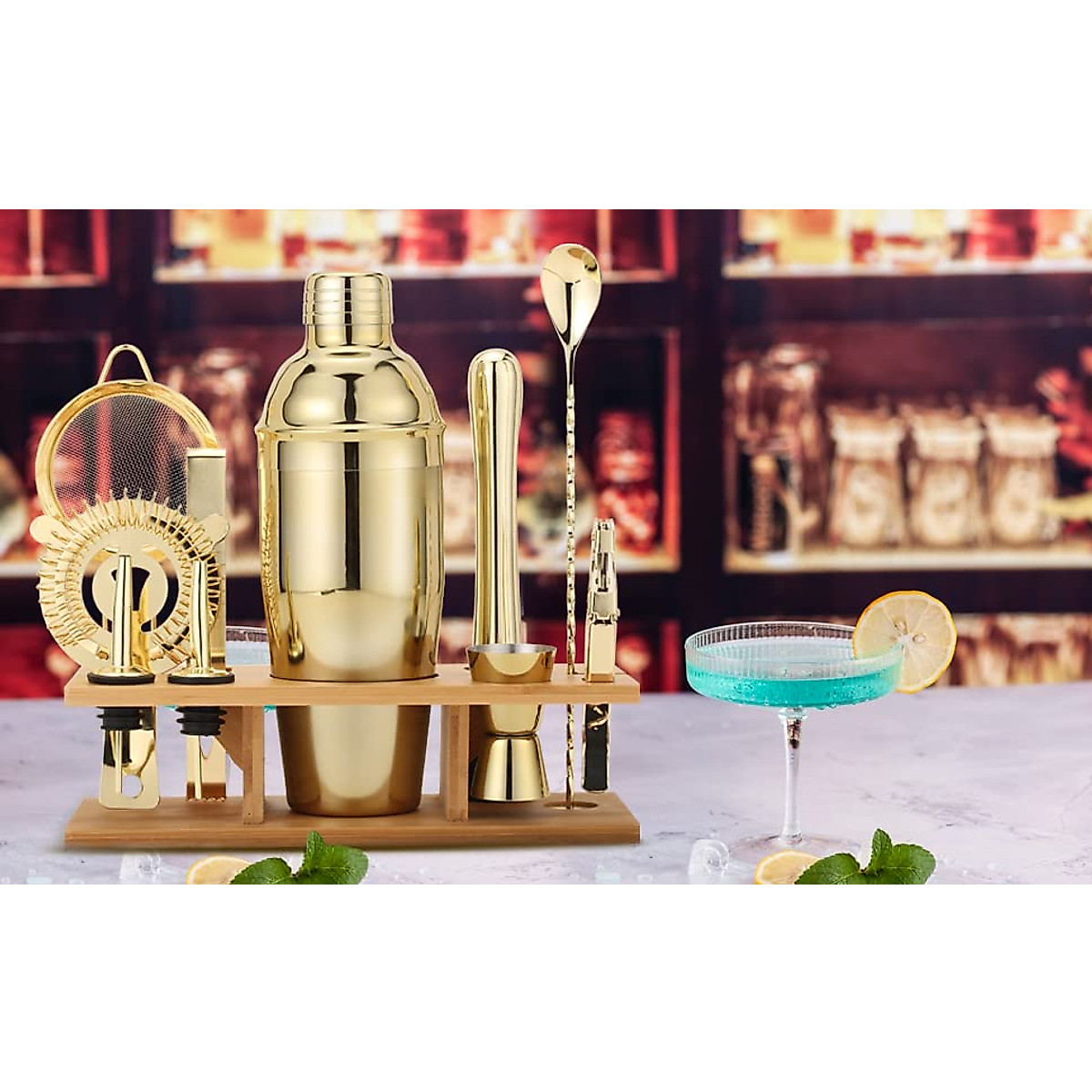 JNWINOG Shakers Bartending, 11Pcs-Cocktail Shaker Set Gold Drink Mixer with 25oz Martini Shaker,Muddler,Bar Spoon and More Professional for Home and Bartender.(Gold)