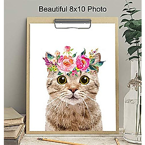Tabby Cat Wall Decor - Cute Floral Wall Art, Room Decoration for Girls Bedroom, Kids Room, Living Room, Nursery - Gift for Kitty, Pussycat, Kitten, Cat Lovers, Women - Adorable Pink Girly Print