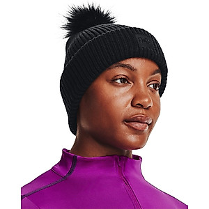 Under Armour Womens Halftime Ribbed Pom Beanie, (001) Black/Black/Black, One Size Fits Most