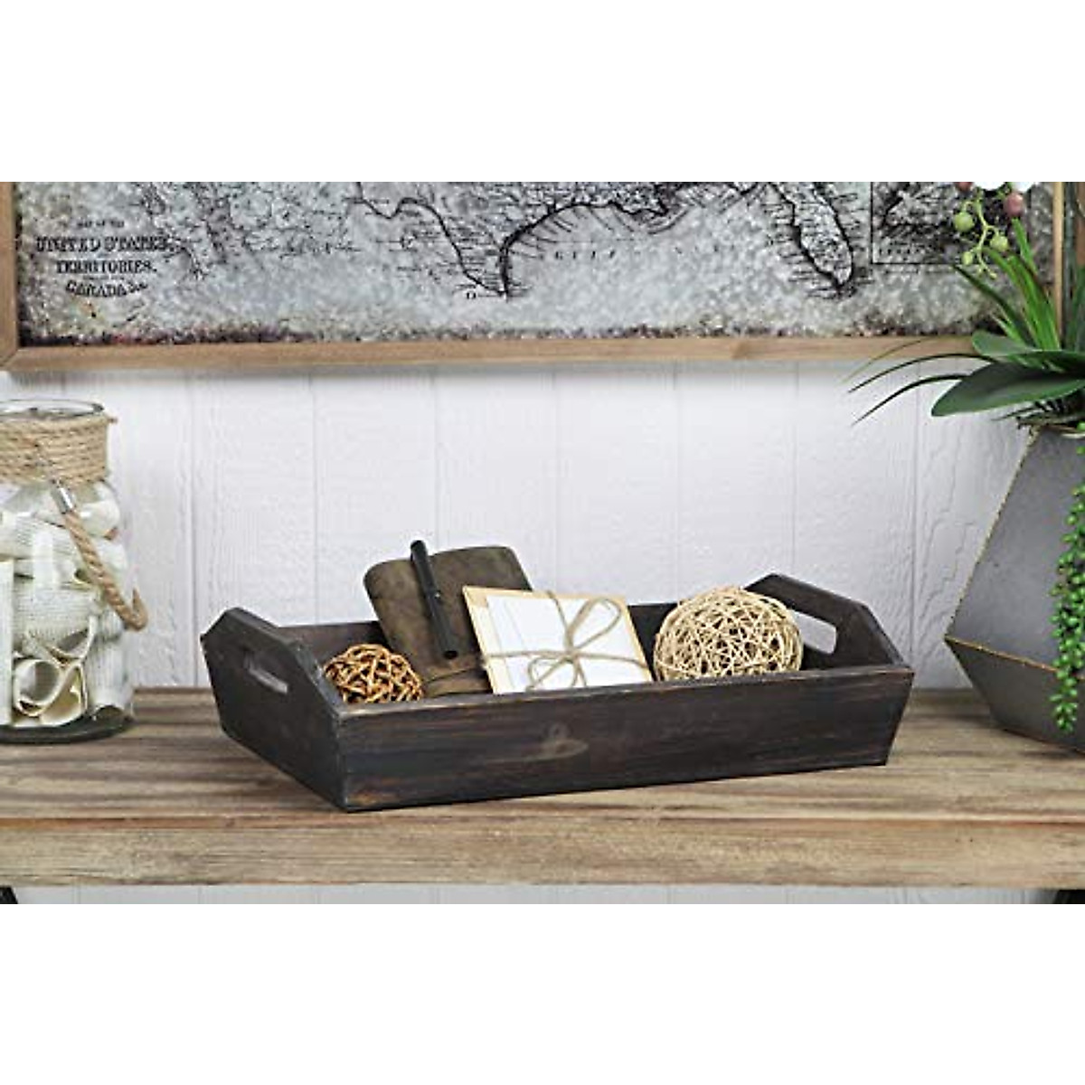 Cheung's FP-3772B Deep Wooden Tray with Side Handles| Shabby Brown