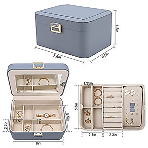 KAMIER Jewelry Box, 2 Layers PU Leather Jewelry Organizer Box, Large Capacity, Double Lock and Large Mirror, Hidden Necklace Hooks, Removable Dividers, Gift Box Packaging,Bluish Grey