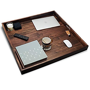 MAGIGO 28 x 28 Inches Extra Large Square Black Walnut Wood Ottoman Tray with Handles, Serve Tea, Coffee Classic Wooden Decorative Serving Tray