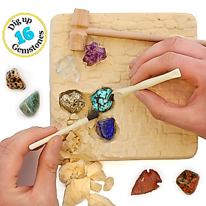 DANCING BEAR Gem Dig Kit - Excavate 16 Gems & Crystals Including Arrowheads, Quartz, Amethyst - STEM Education Gift Set for Kids