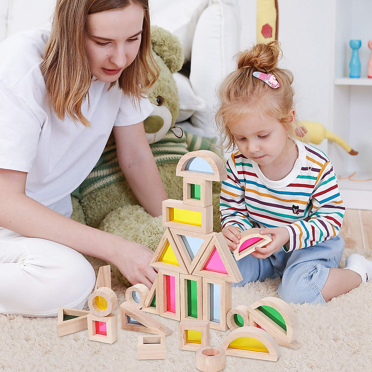 Lewo 24 PCS Building Blocks Wooden Rainbow Blocks Wooden Blocks Rainbow Stacker Stacking Blocks Preschool Learning Educational Toys for Baby Toddlers Kids Boys Girls