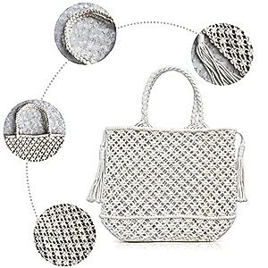 QTKJ Hand-Woven Cotton Crochet bag Women's Summer Beach Tote Bag Crochet Clutch Bag Woven Envelope Bag with Cute Tassel (White)