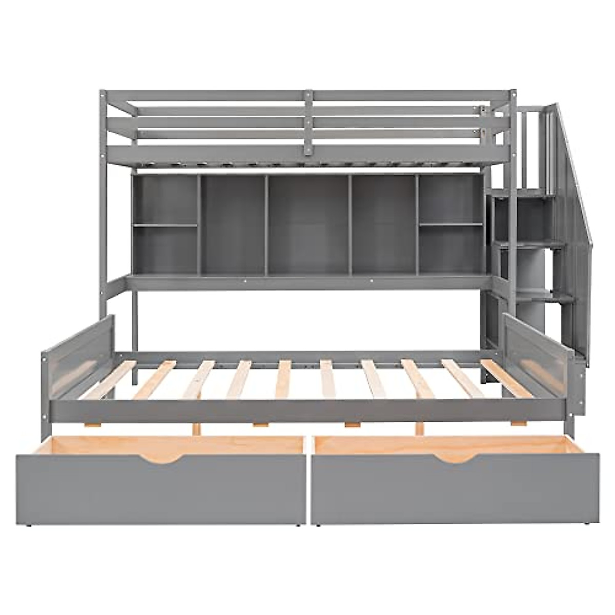 BIADNBZ Twin XL Over Full Bunk Bed with Built-in Storage Shelves and Drawers,Multi-Function Bedframe with Storage Staircase for Bedroom,Gray