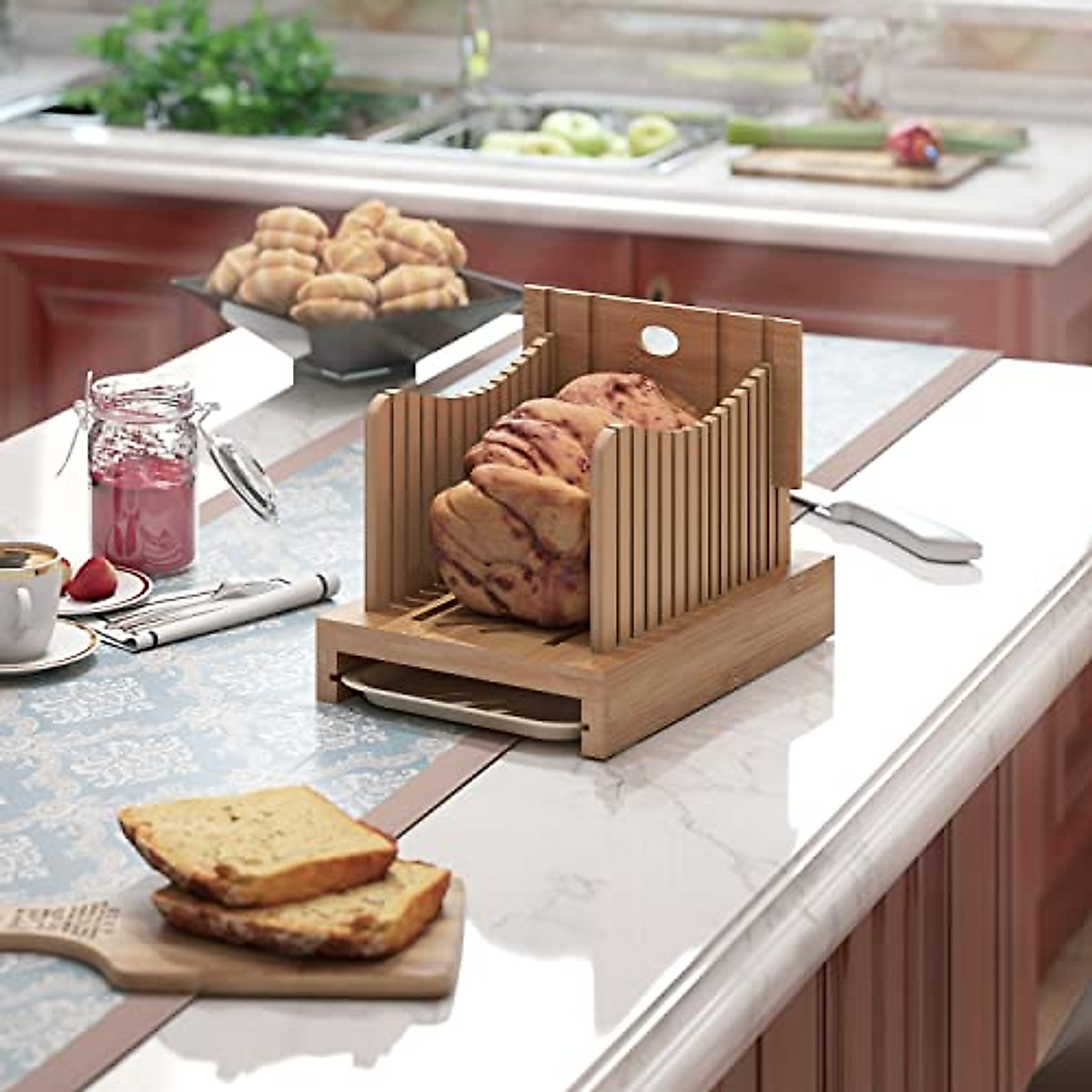 Bamboo Bread Slicer for Homemade Bread,Adjustable Width Bread Slicing Guides. Sturdy Wooden Bread Cutting Board. Makes Cutting Bagels or Even Bread Slices Easy