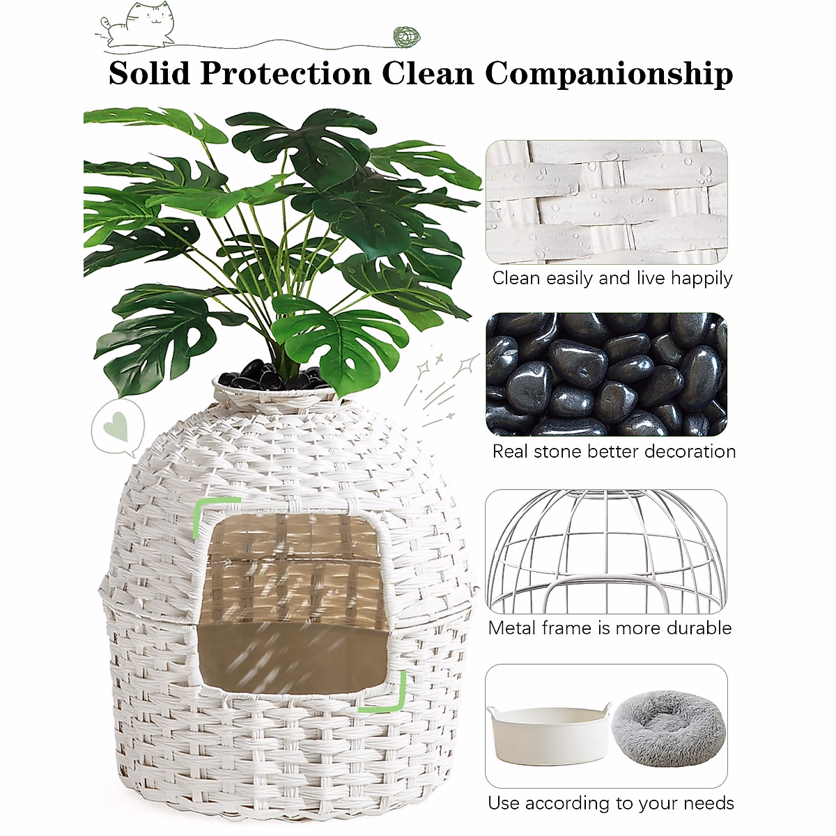 SETVSON Cat Litter Box Plant Furniture Hidden Cat Litter Box with Artificial Plants, Handwoven Rattan Cat Litter Box Enclosure with Cat Litter Box, Enclosed Plant Cat Litter Box in Living Room (White)