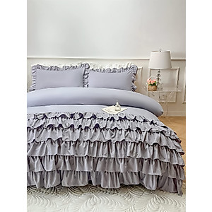 MOOWOO Waterfall Ruffle Duvet Cover Queen 3 Piece Shabby Chic Bedding Solid Color Soft and Breathable with Zipper Closure & Corner Ties (Gray, Queen)