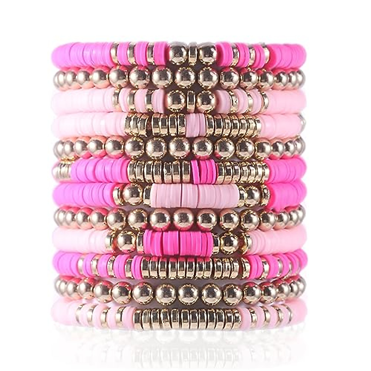 PIPITREE 12pc Surfer Heishi Pink Clay Bead Bracelets for Women, Bohemian Stackable Gold Beaded Bracelets, Elastic Layering Friendship Bracelets Boho Jewelry