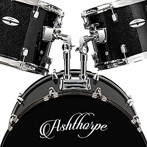 Ashthorpe 5-Piece Full Size Adult Drum Set with Remo Heads & Premium Brass Cymbals - Complete Professional Percussion Kit with Chrome Hardware - Black