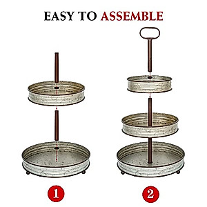 Farmhouse 3-Tiered Round Metal Tray Stand, Decorative Table Decor Serving Tray with Handle for Kitchen, Dining Room, Shelf Coffee Bar Table, Seasonal Display Tiered Tray Decor, Galvanized Gray Finish