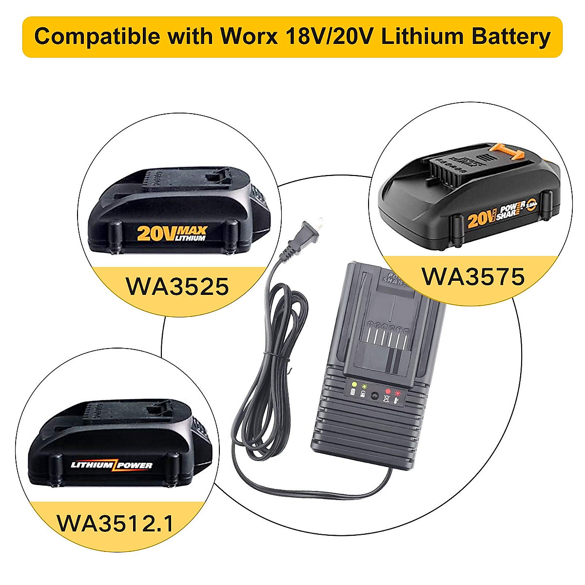 WA3868 18V/20V Quick Charger Compatible with Worx 20V Lithium Battery WA3525 WA3520 WA3578 WA3575 WA3512 Replacement for Worx WA3742 WA3732 WA3875 WA3847 WA3881 Charger