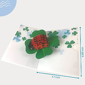 Paper Pop Up Cards 4.7x6.69 inch, ladybug with lucky plant, 3D Popup Greeting Cards with Note Cards and Envelopes, perfect for pop-up bursting birthday gift.