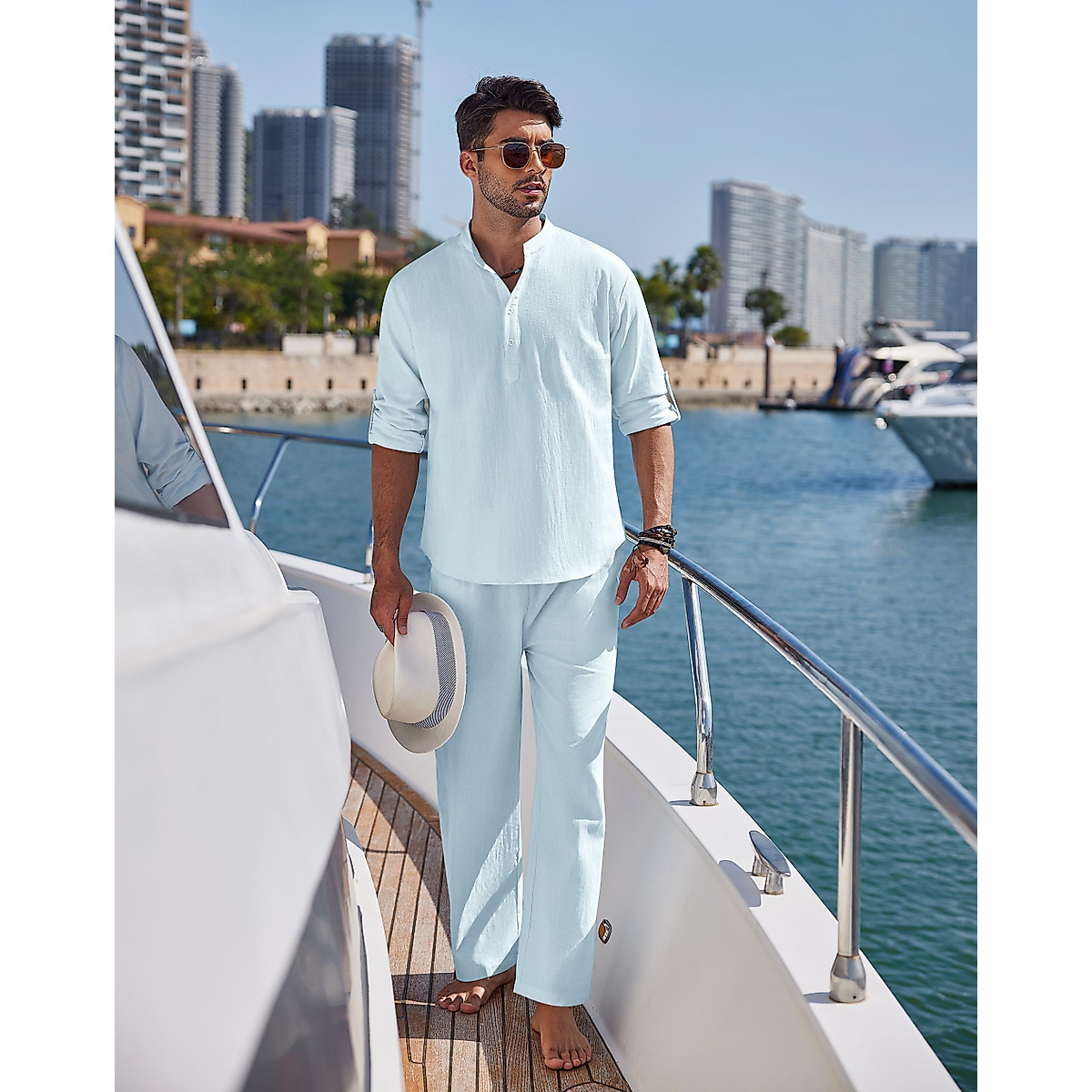 COOFANDY Men's 2 Pieces Cotton Linen Set Long Sleeve Henley Shirts Casual Beach Pants With Pockets Summer Yoga Outfits