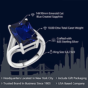 Gem Stone King 10.00 Cttw Blue Created Sapphire Solitaire Ring For Women In 925 Sterling Silver | Emerald Cut 14X10MM | Available In Size 5, 6, 7, 8, 9