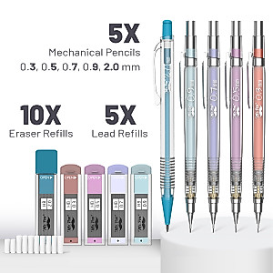 Mr. Pen- Pastel Mechanical Pencil Set with Black Lead and Eraser Refills, Clear Barrel, 0.3, 0.5, 0.7, 0.9, 2mm, Pastel Mechanical Pencils, Cute Mechanical Pencil Set, Aesthetic Mechanical Pencils